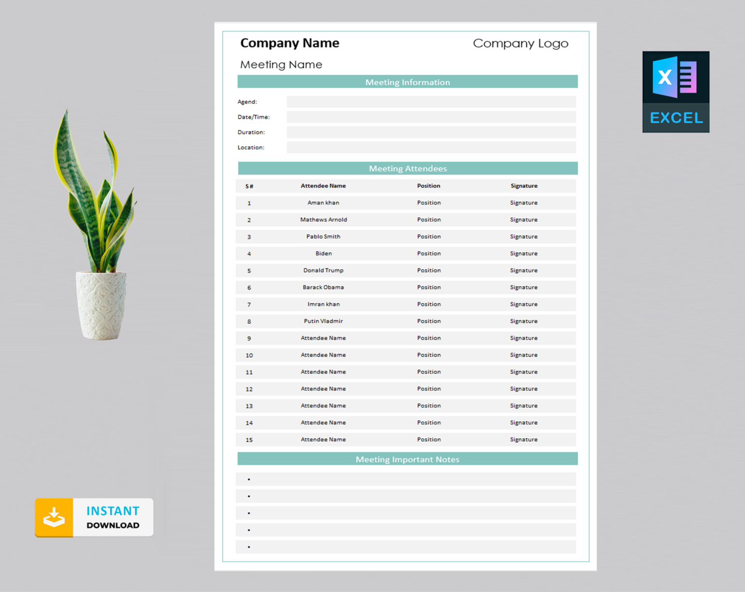 Printable Meeting Attendance Sheet – Customizable & Editable Template