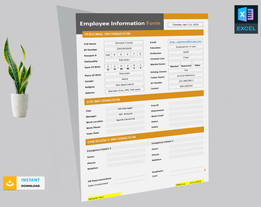 Employee Information Form Template – Editable HR Data Collection