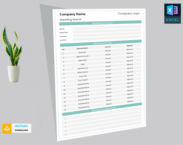 Printable Meeting Attendance Sheet – Customizable & Editable Template