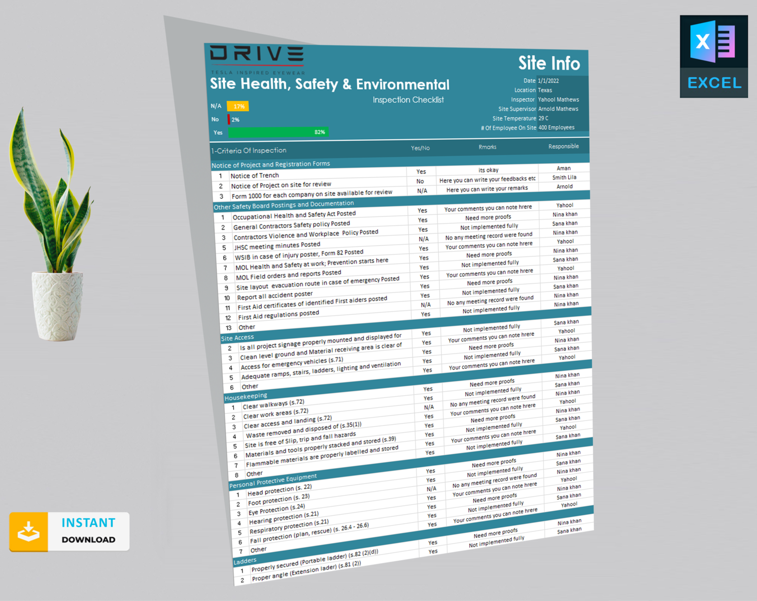 Safety Inspection Checklist Template – HSE Site Audit for Construction ...