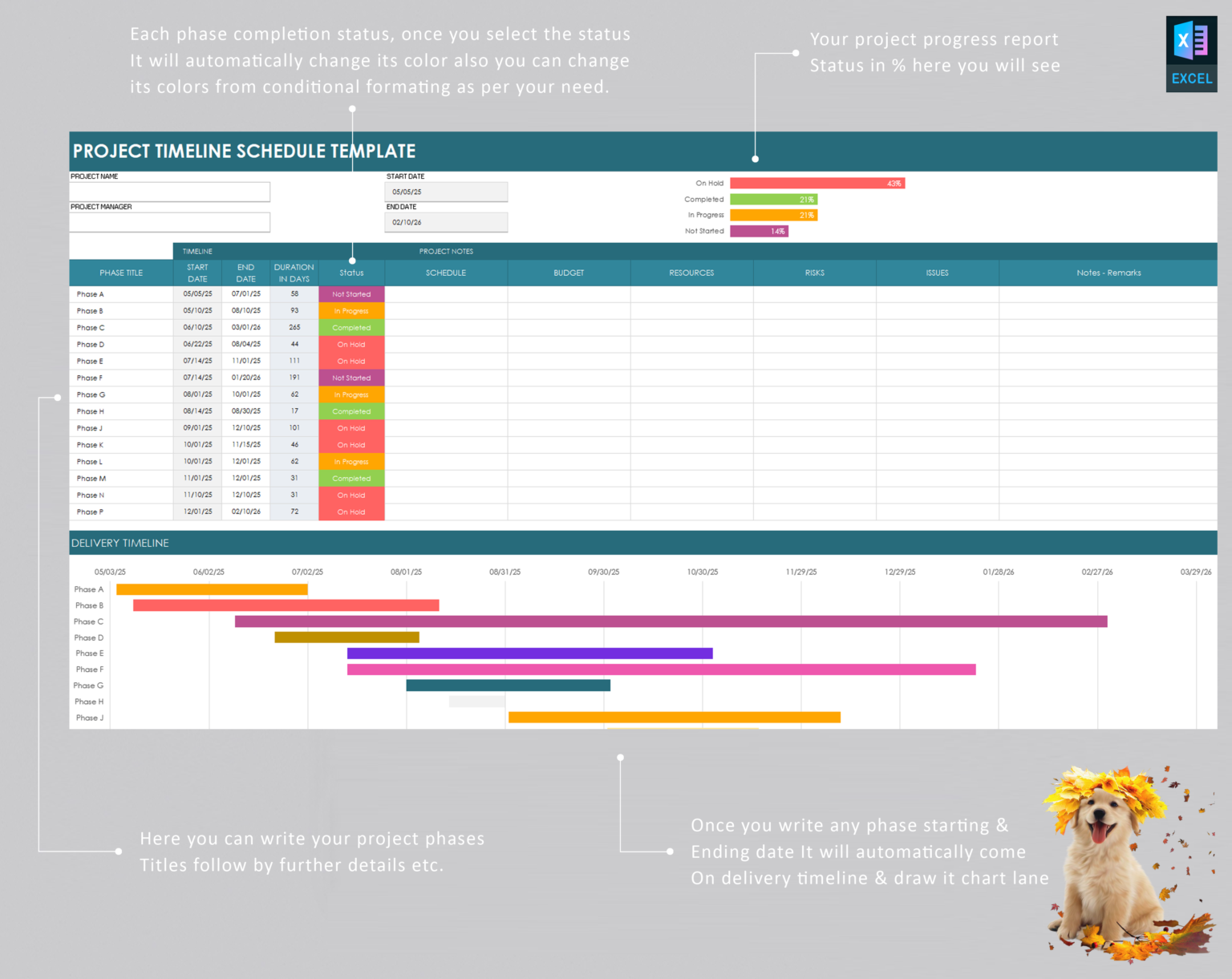 Gantt Chart Template - Editable Project Schedule & Project Management ...